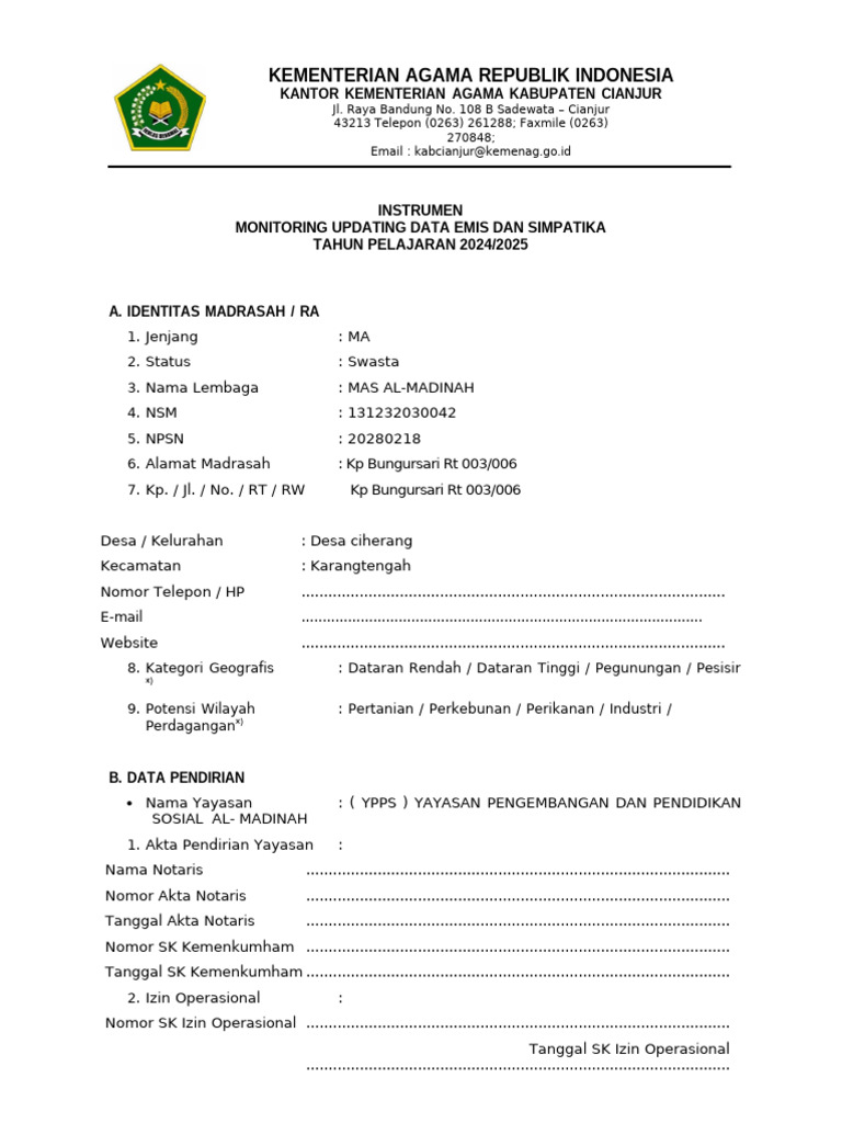 Instrumen Monev EMIS-SIMPATIKA 2024 | PDF
