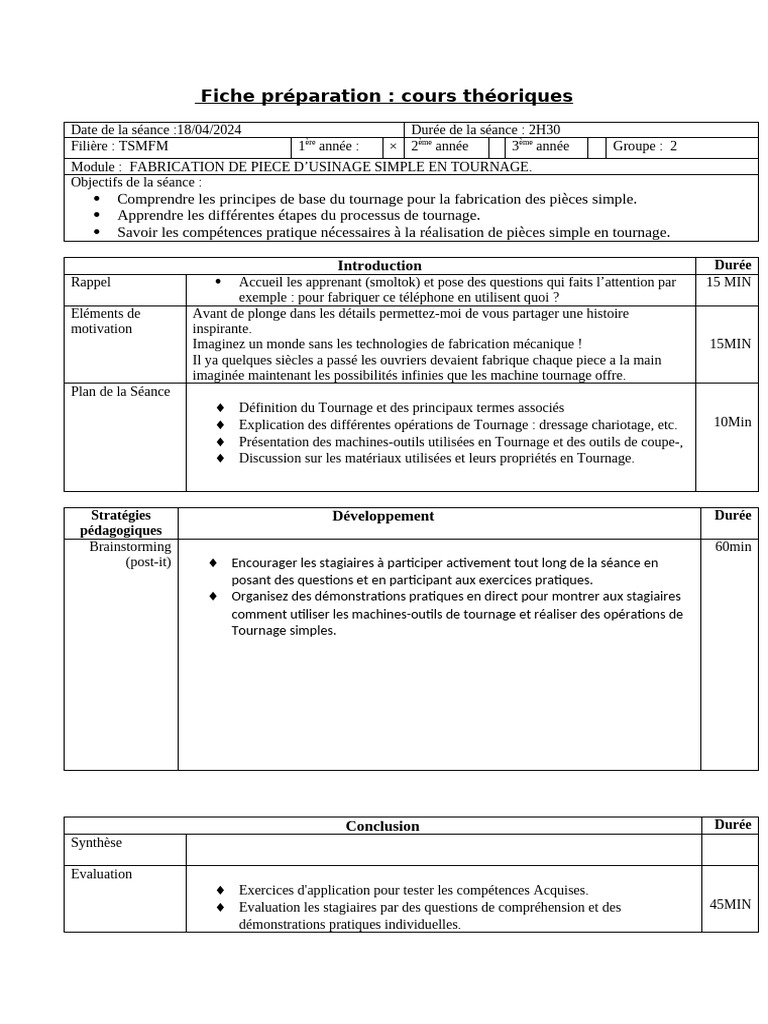 Fiche Préparation Module Tournagesimple | PDF