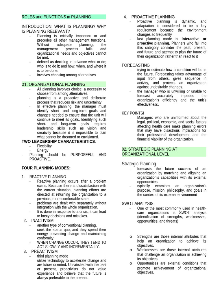 ROLES and FUNCTIONS in PLANNING | PDF