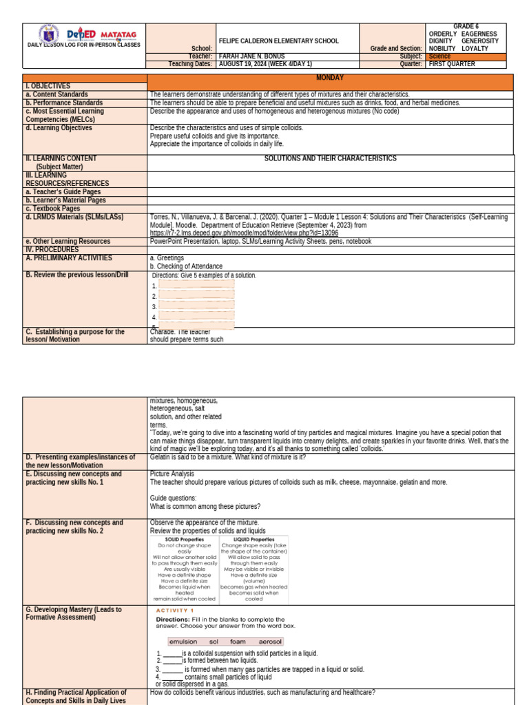 G6 Q1W4 DLL SCIENCE Day1 | PDF