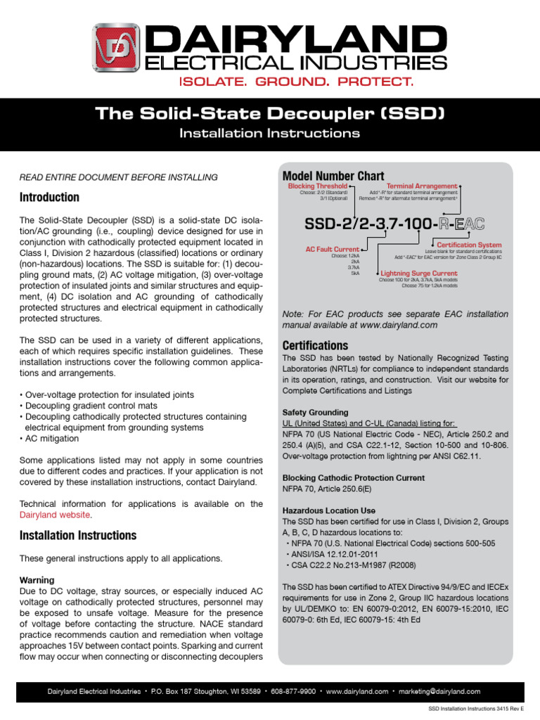 Solid State Decoupler SSD Installation Instructions SAM EXT 15 0039 | PDF