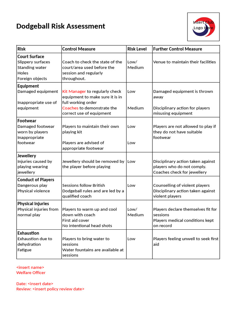Dodgeball Risk Assessment | PDF