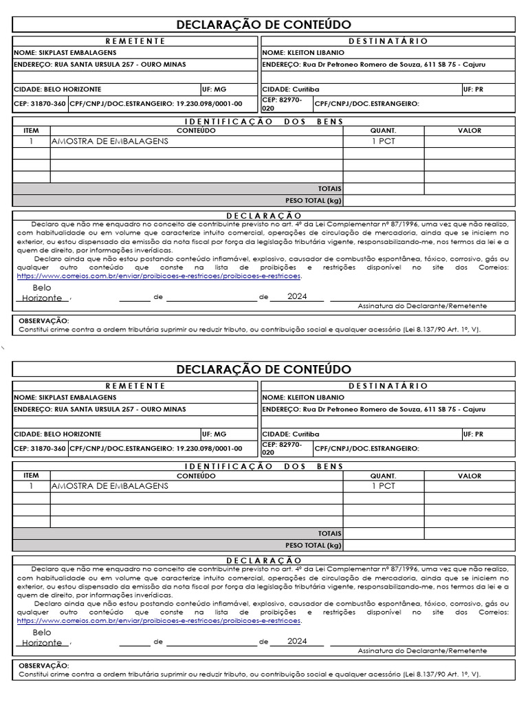 Formulario Declaracao de Conteudo A5 1 | PDF