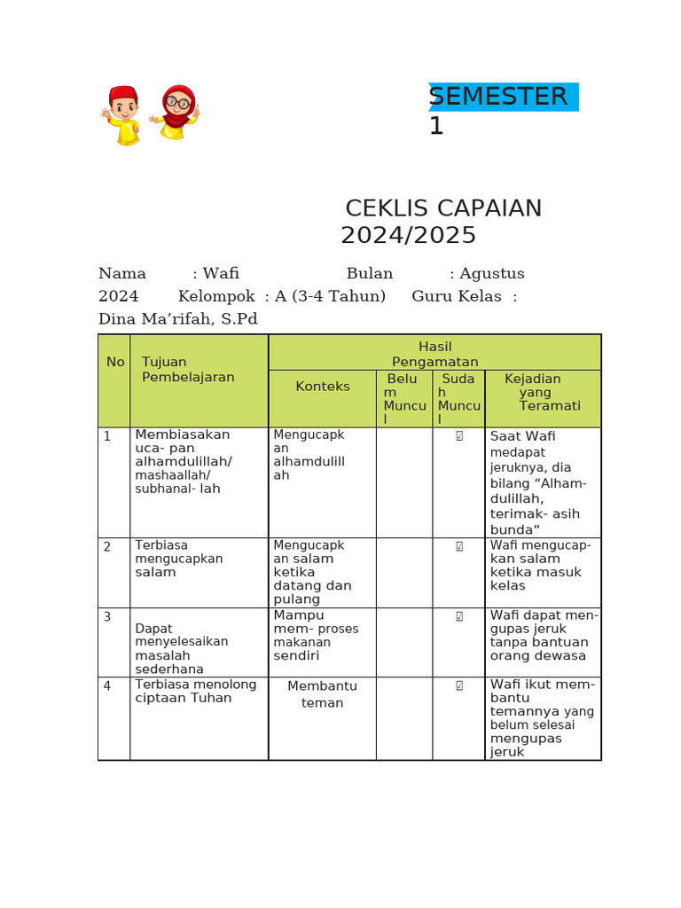 Ceklis Skala Capaian Paud | PDF