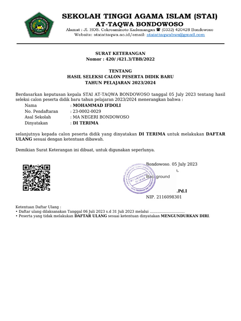 Surat Keterangan Nomor: 420/ /421.3/TBB/2022 Tentang Hasil Seleksi Calon Peserta Didik Baru ...