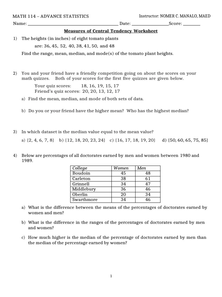Measures of Central Tendency Practice 2 | PDF | Quartile | Teaching Methods & Materials