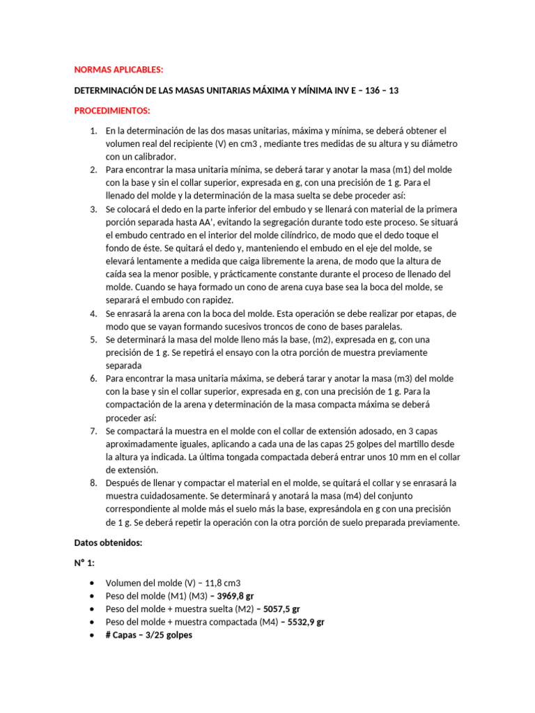 Determinación de Las Masas Unitarias Máxima y Mínima Inv e - 136 - 13 | PDF