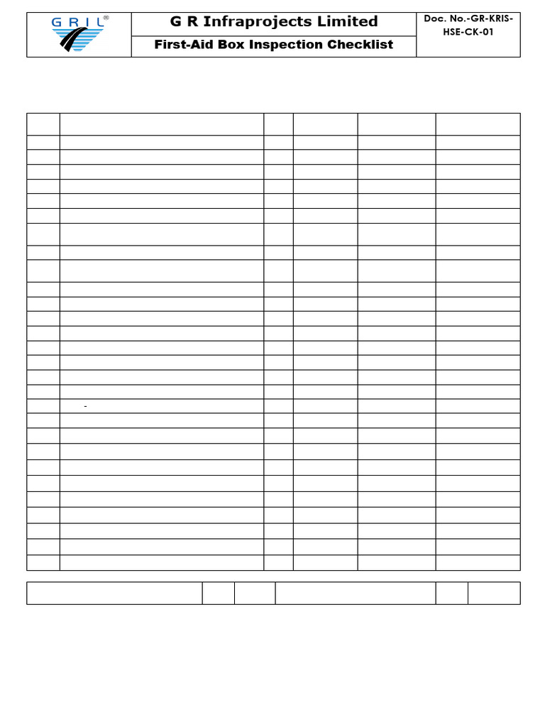 Doc. No.-GR-KRIS-HSE-CK-01-First Aid Box Inspection Checklist | PDF ...