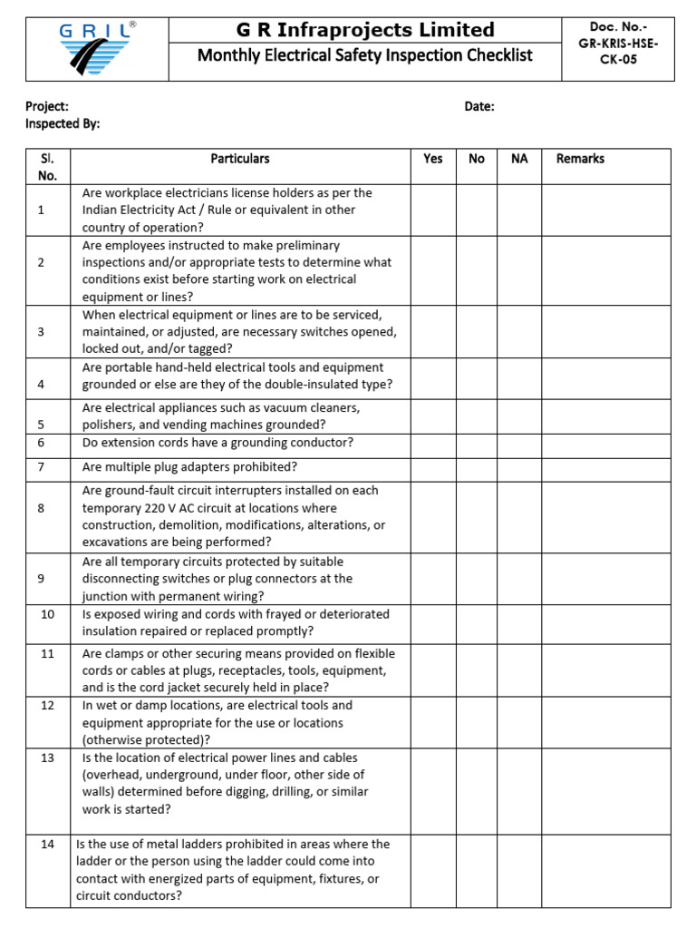 Monthly Electrical Safety Checklist | PDF | Electrical Connector ...