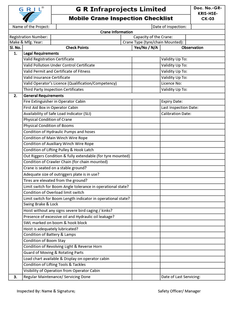 Doc. No.-GR-KRIS-HSE-CK-03-Mobile Crane Inspection Checklist | PDF