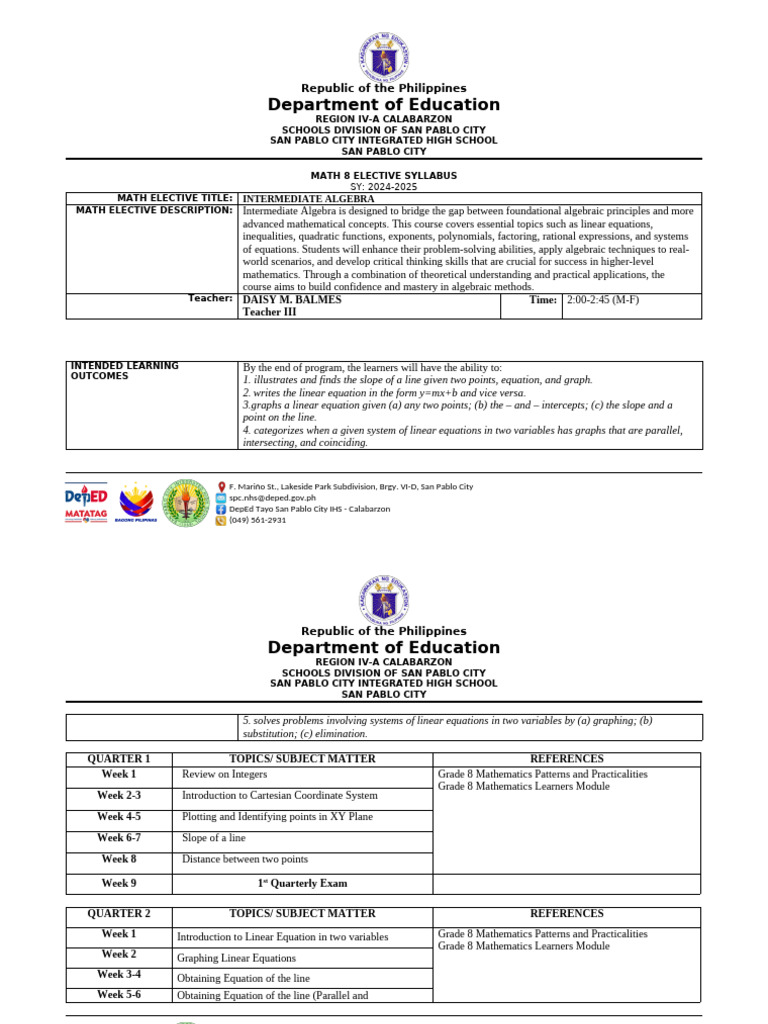 Math 8 ELECTIVE-SYLLABUS | PDF | Equations | Mathematics