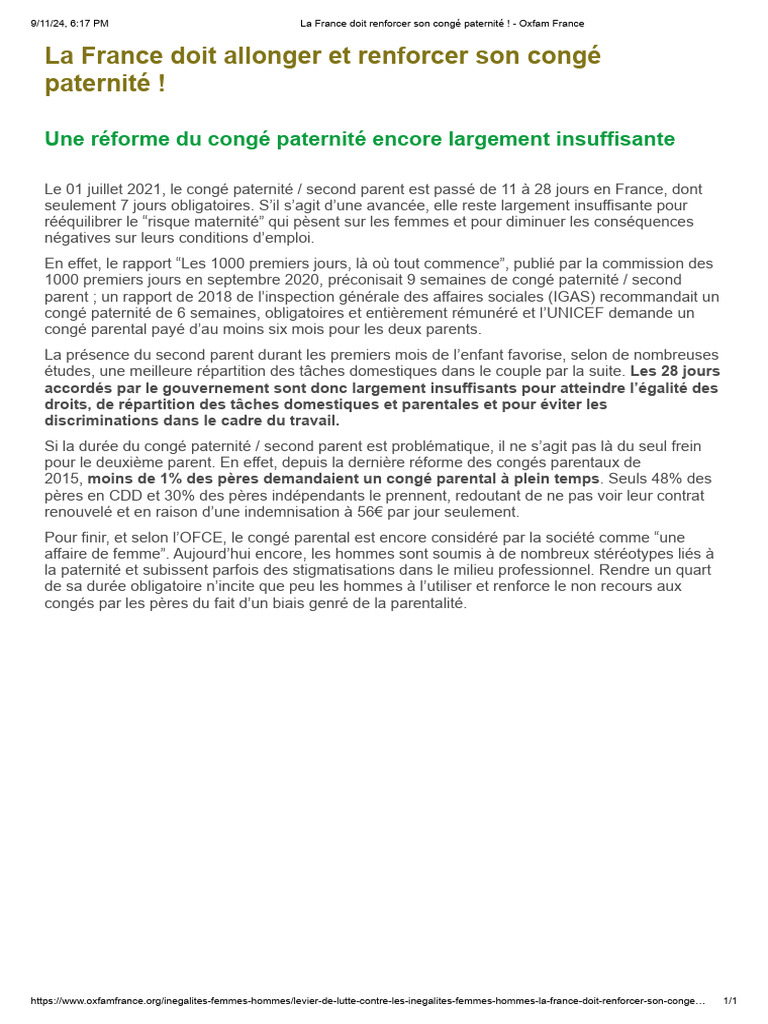 La France Doit Renforcer Son Congé Paternité ! - Oxfam France | PDF
