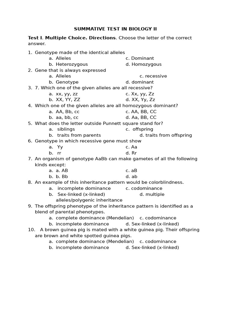 SUMMATIVE TEST IN BIOLOGY II | PDF