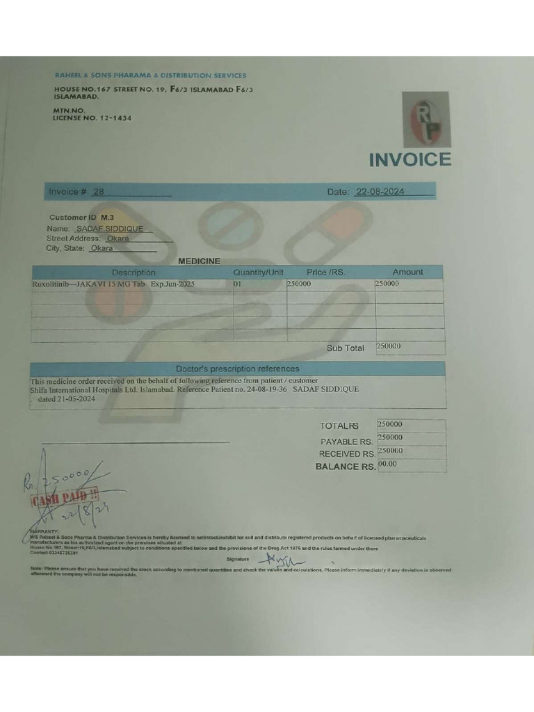 Cash Invoice Medicine Pakistan | PDF