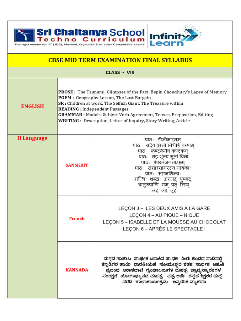 Class VIII CBSE Mid Term Syllabus | PDF | Linguistics | Languages
