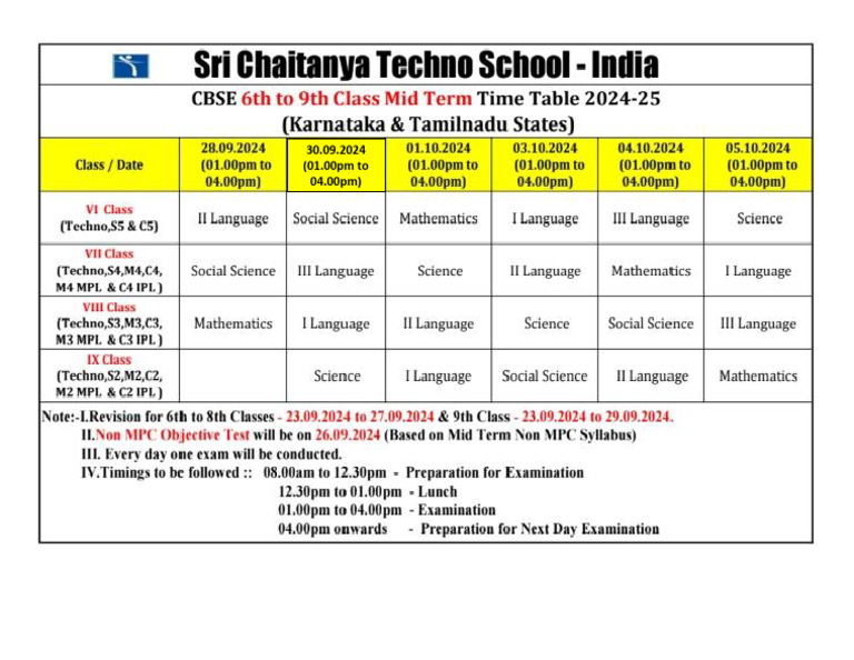 6th To 9th CBSE Mid Term Time Table | PDF