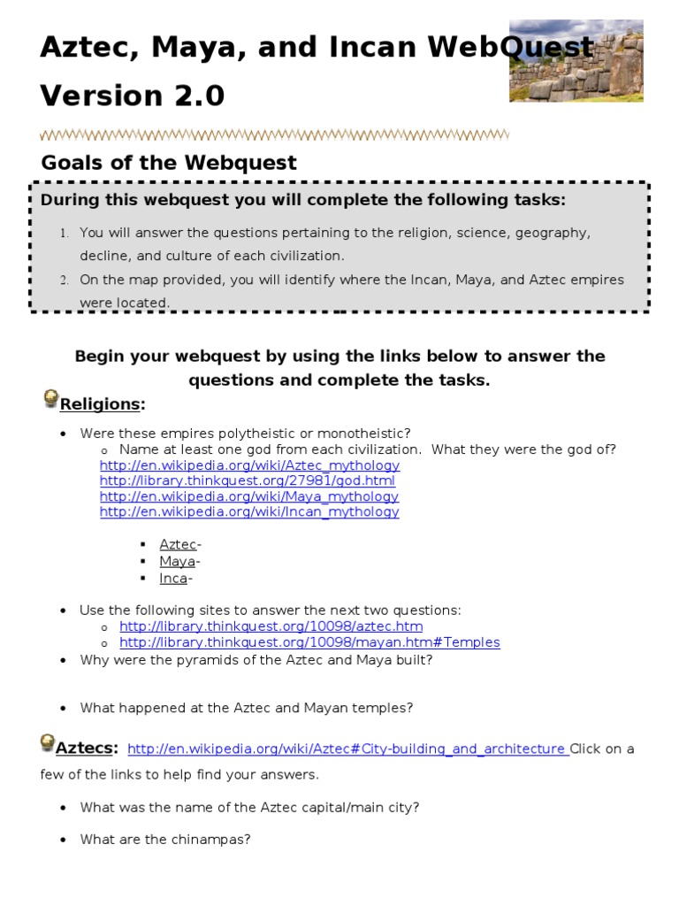 Aztec Maya Incan Webquest Version 2.0 | PDF | Inca Empire | Maya ...