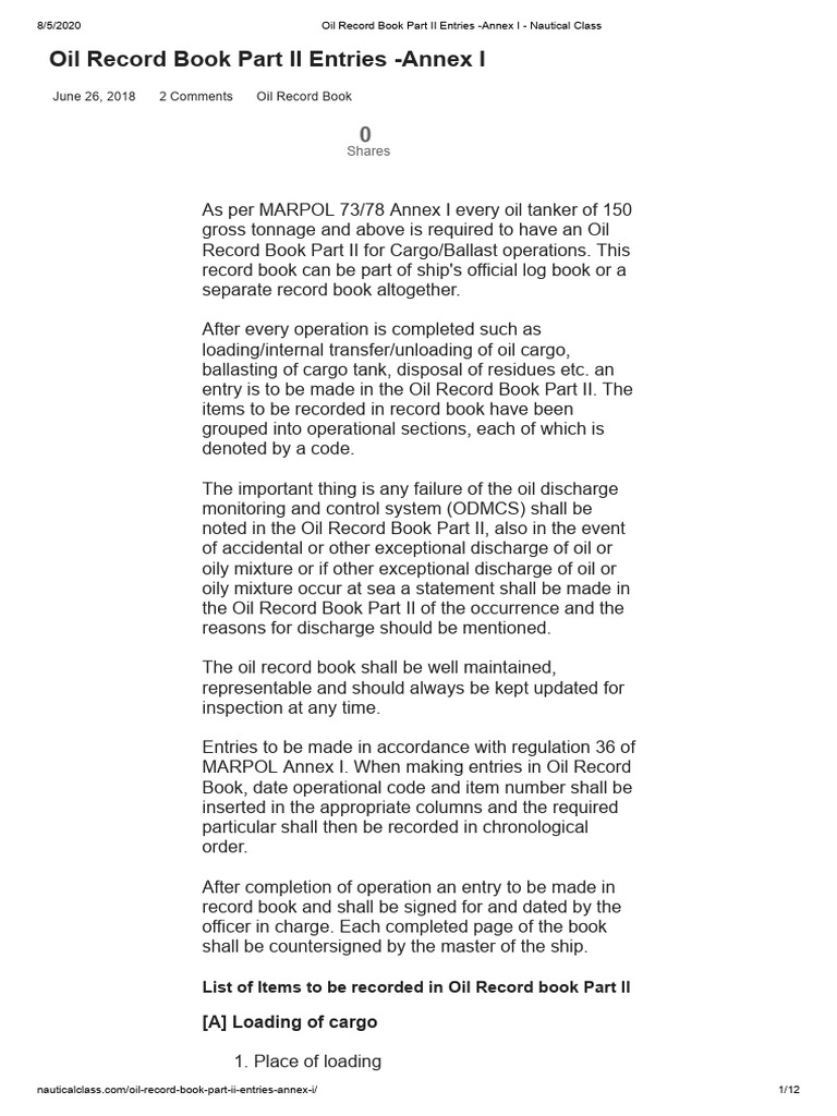 Oil Record Book Part II Entries - Annex I - Nautical Class - Compressed ...