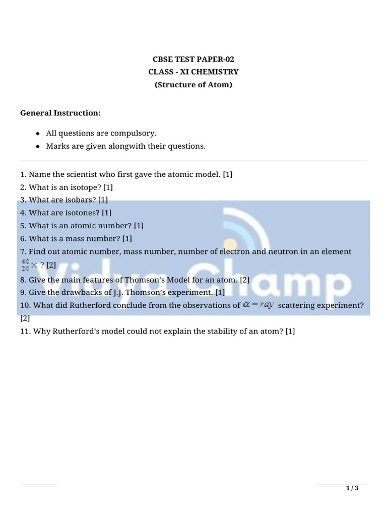 Cbse Test Paper-02 Class - Xi Chemistry (Structure of Atom) | PDF