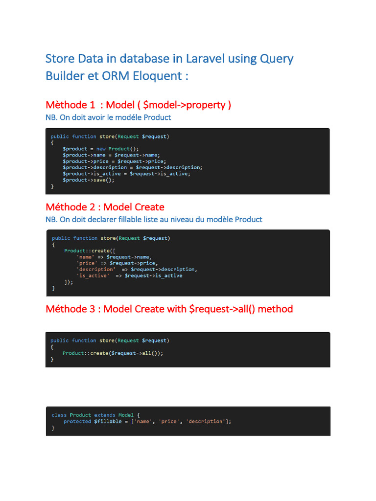 Store Data in Database in Laravel Using Query Builder Et ORM Eloquent | PDF