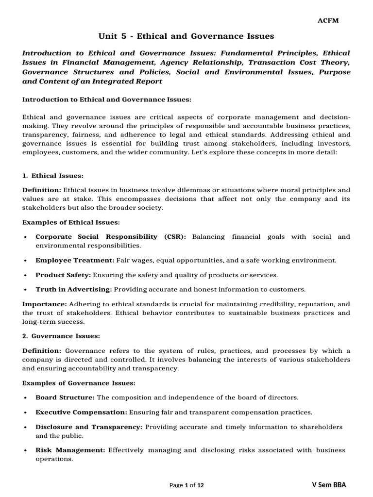 ACFM Unit 5 Ethical and Governance Issues | PDF