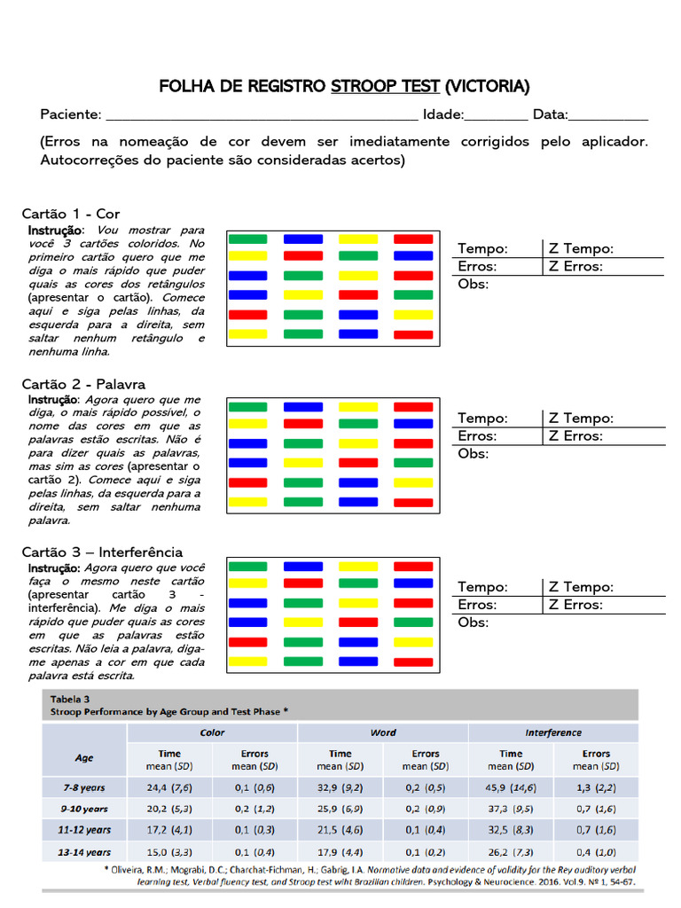 Folha de Registro Stroop Test | PDF