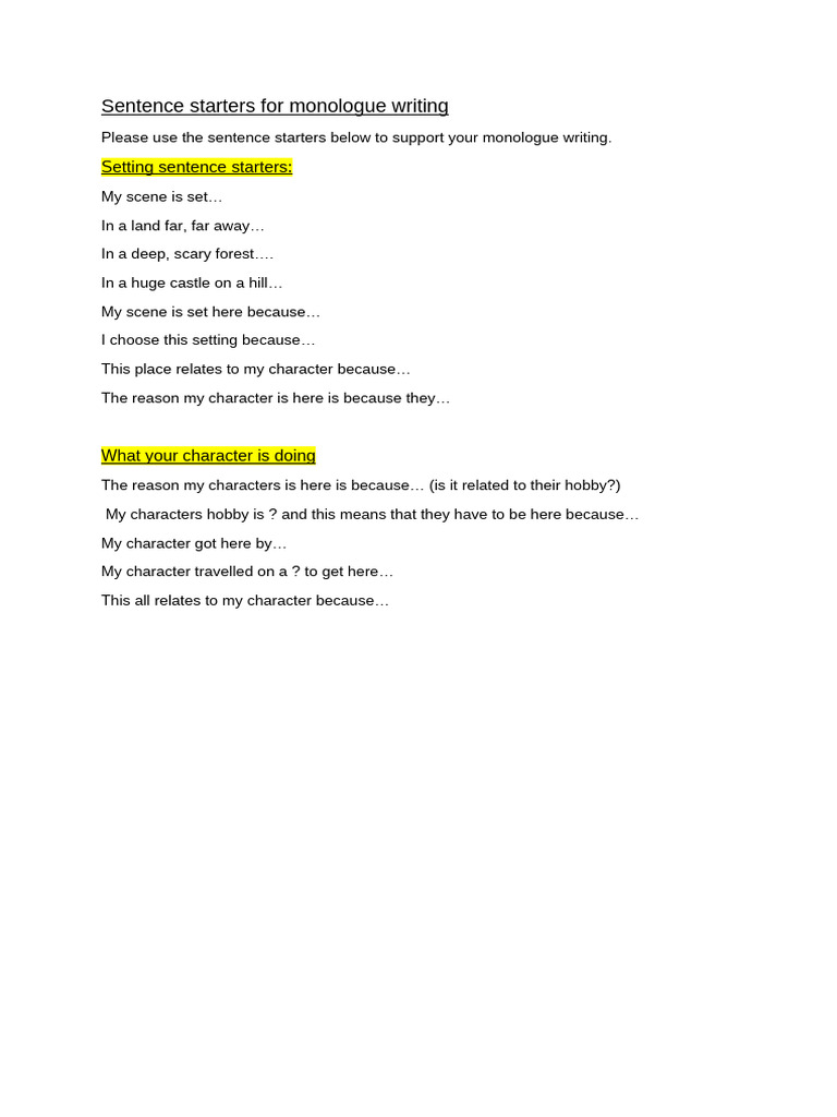 Sentence Starters For Monologue Writing Year 7 | PDF