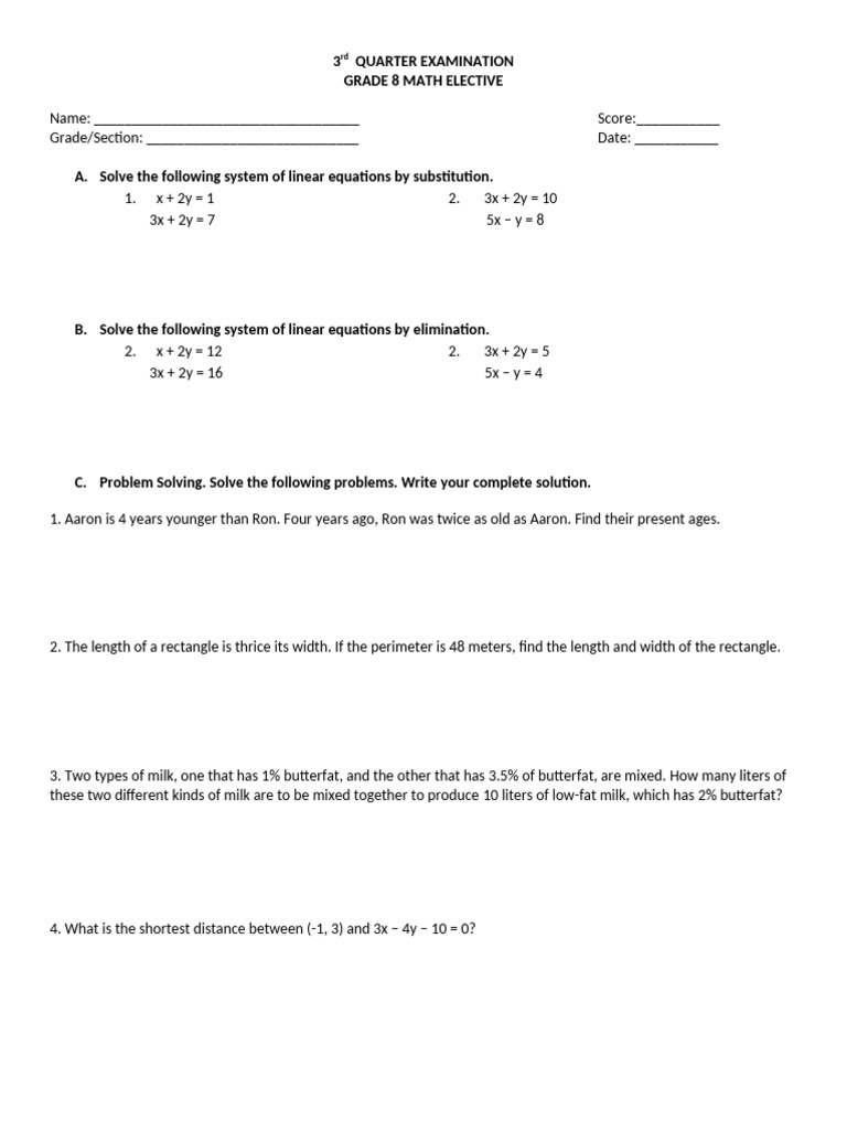 Grade 8 Math Exam Problem Set | PDF | Teaching Methods & Materials