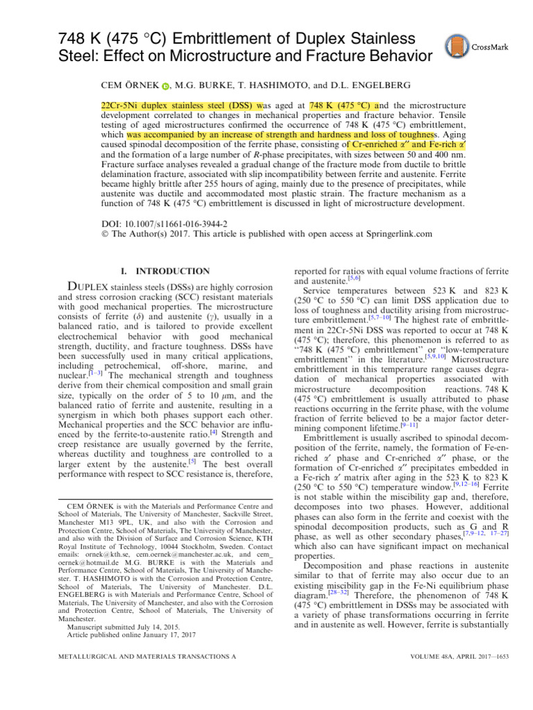 748 K (475 C) Embrittlement of Duplex Stainless Steel: Effect On ...