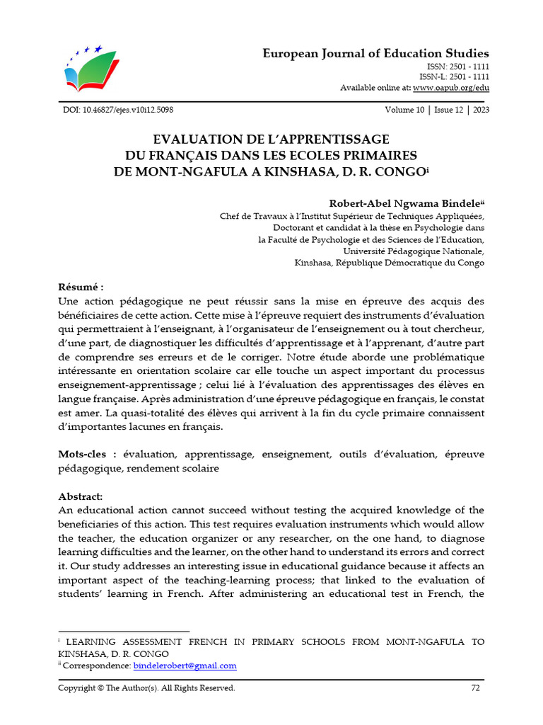 EVALUATION DE L'APPRENTISSAGE - Robert-Abel Ngwama Bindele | PDF