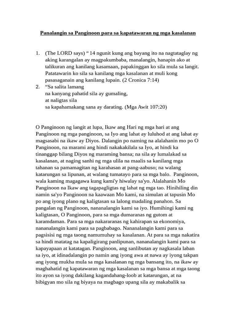 Panalangin Sa Panginoon Para Sa Kapatawaran Ng Mga Kasalanan | PDF