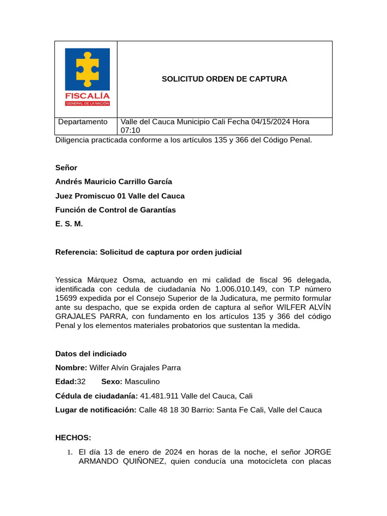 Audiencia Penal-Yessica Marquez Solicitud de Captura | PDF | Documento de identidad