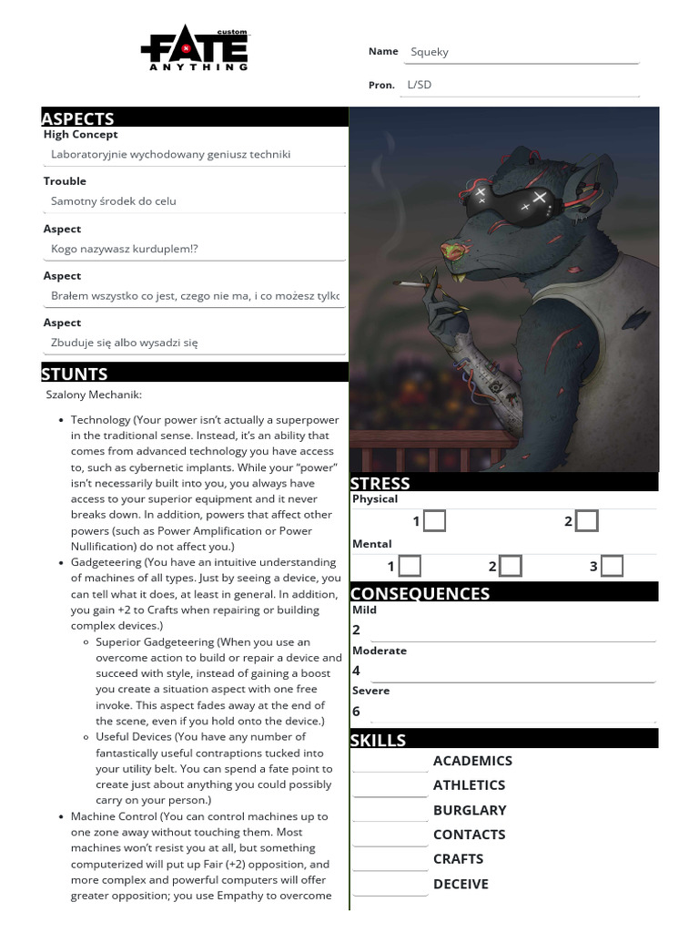 Squeky (Character Sheet) _ Fate Character Sheet | PDF