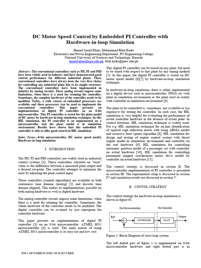Dc Motor Speed Control By Embedded Pi Controller With Hardware In Loop Simulation Pdf