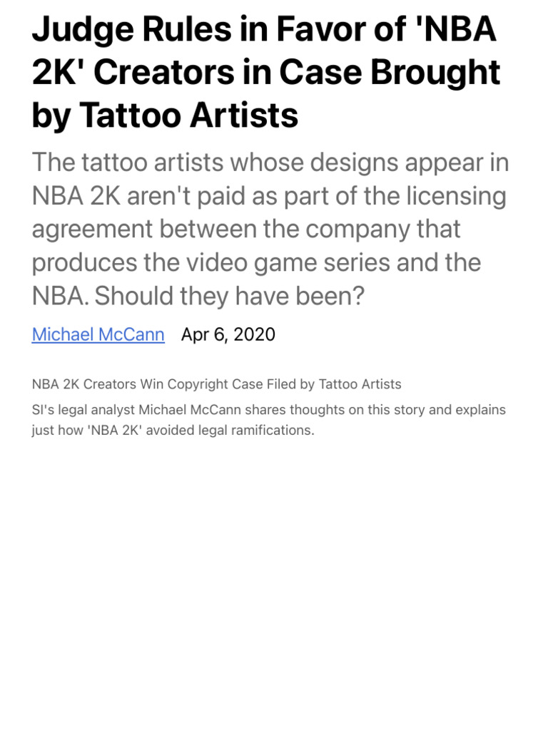'NBA 2K' Creators Win Ruling in Case Brought by Tattoo Artists - Sports ...