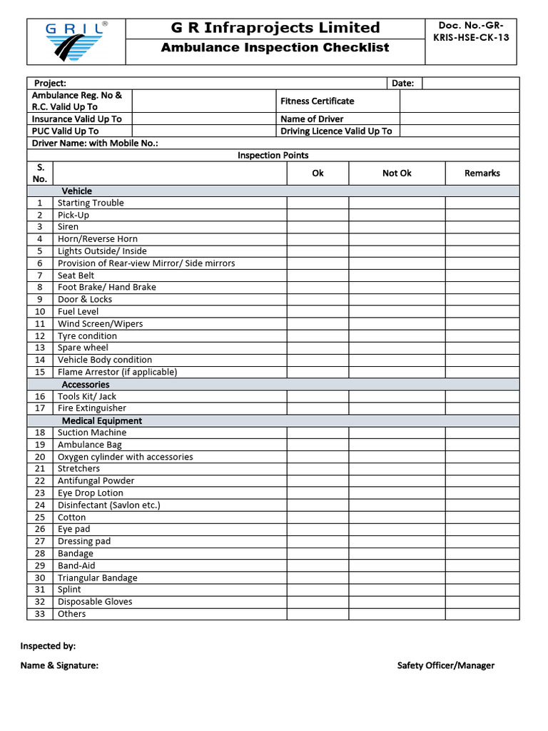 Doc. No.-GR-KRIS-HSE-CK-13-Ambulance Inspection Checklist | PDF