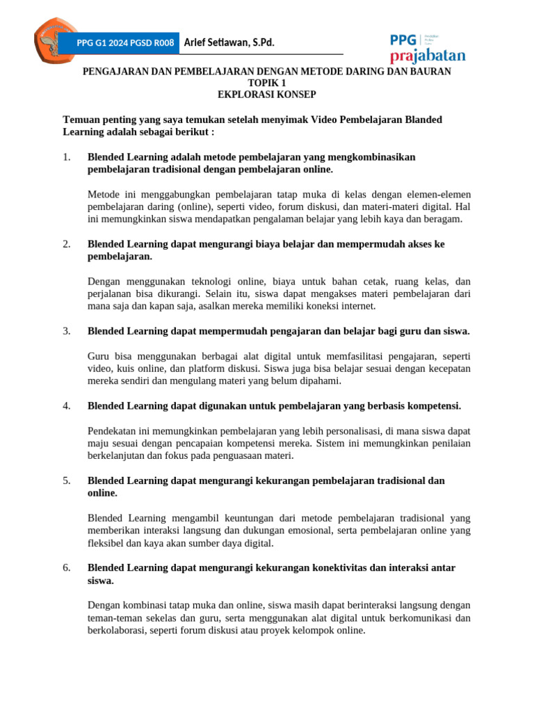 S1 PPDB Eksplorasi Konsep-Video Pembelajaran Blanded Learning PPG G1 2024 PGSD R008 | PDF