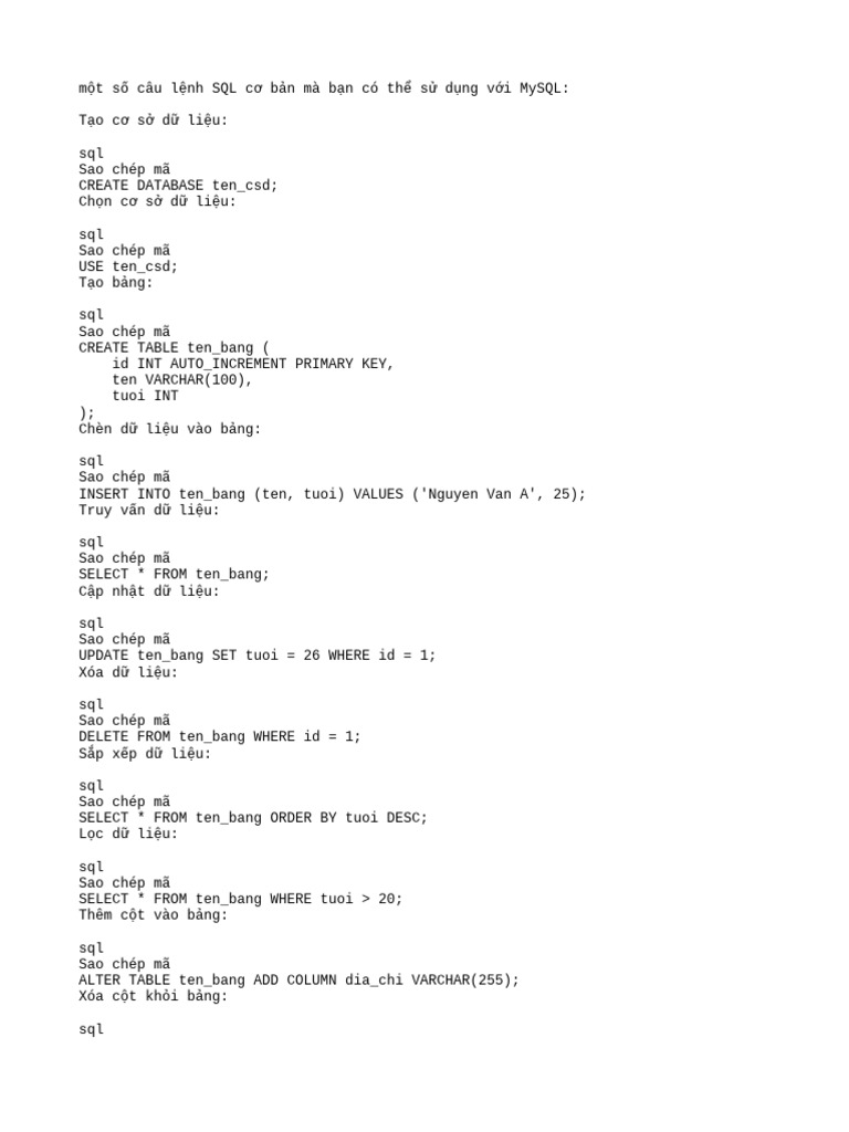Một Số Câu SQL Cơ Bản Trong Mysql | PDF