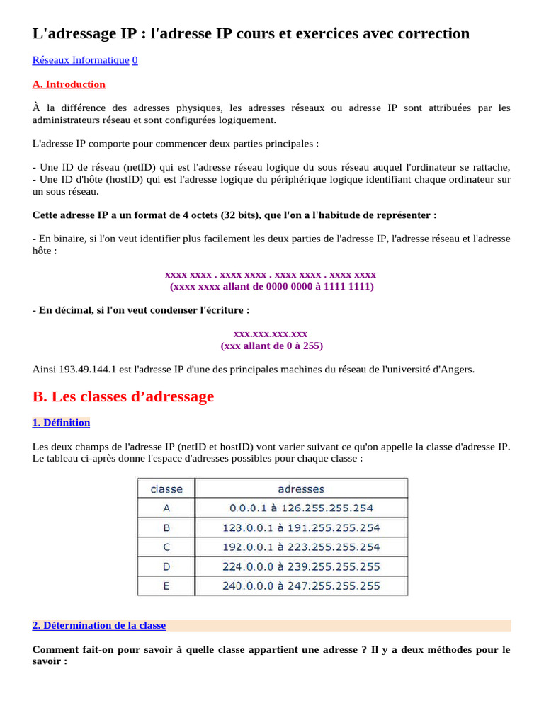 Cours (L'adresse IP Cours Et Exercices Avec Correction ) | PDF