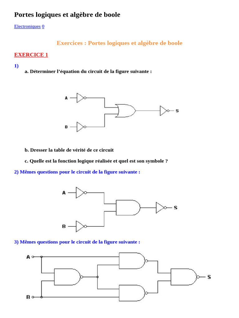 Portes Logiques Et Algèbre de Boole (Exercices Corregés) | PDF