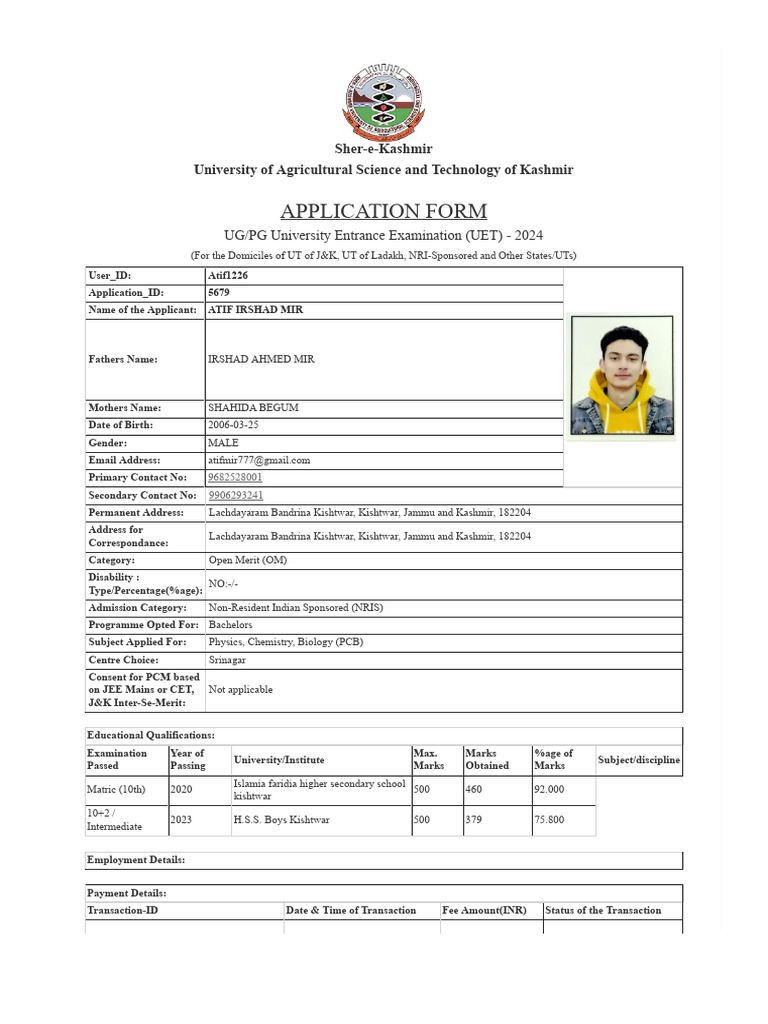 Skuast Kashmir Online Application Pdf