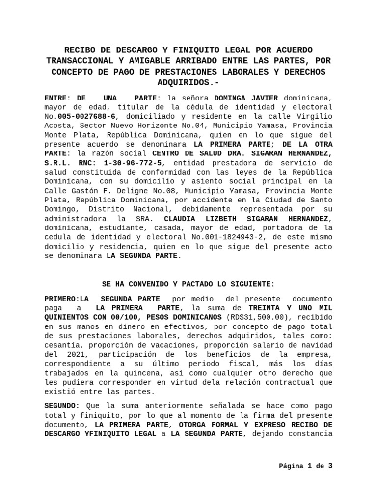 Acto de Desistimiento y Finiquito Clinica Sigaran Septiembres 2021 | PDF