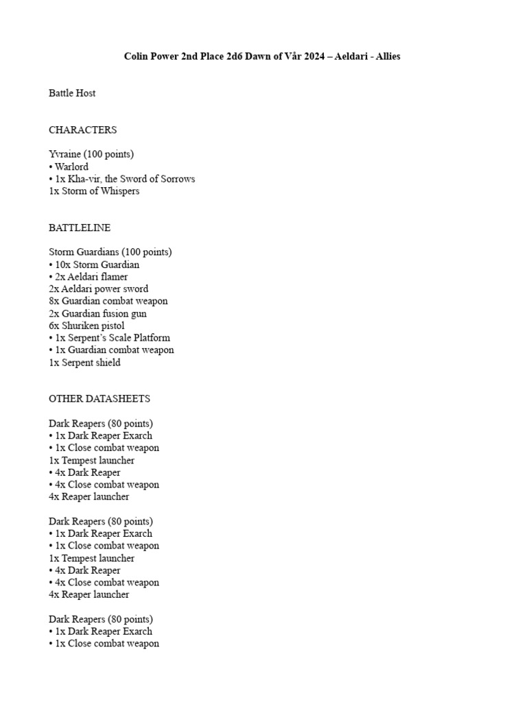 Colin Power 2nd Place 2d6 Dawn of Var 2024 - Aeldari Allies | PDF