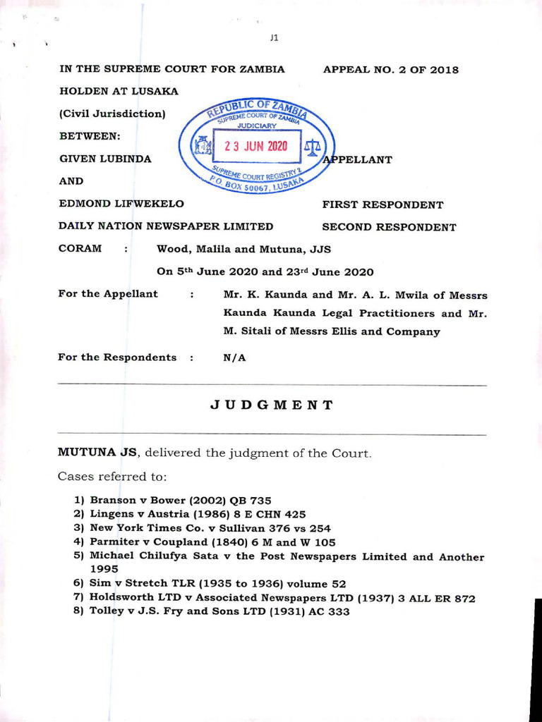 Given Lubinda V Lifwekelo Daily Nation Newspaper Limited (Appeal 2 of ...