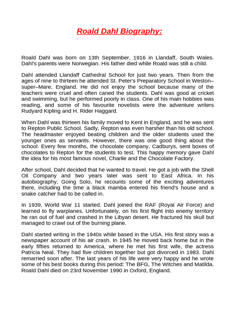 Roald Dahl Biography | PDF