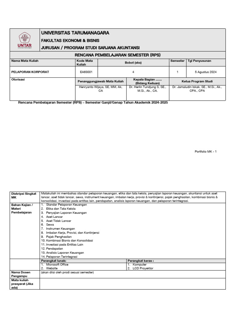 RPS-PPA-Pelaporan Korporat (4sks) - Ganjil-2425-Indonesia Untuk Mahasiswa | PDF