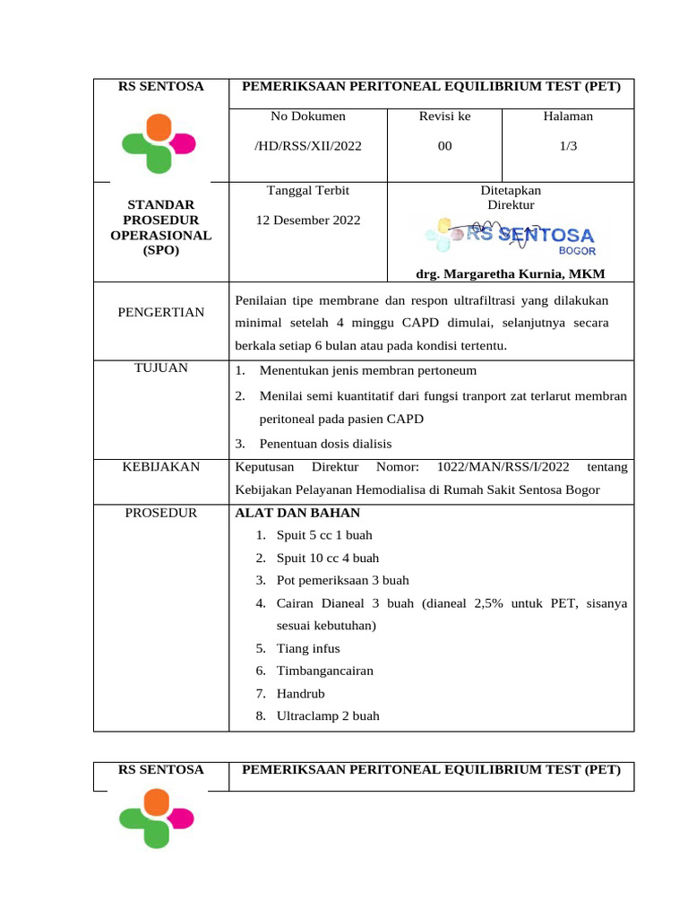 Spo Capd Pemeriksaan Peritoneal Equilibrium Test (Pet) | PDF