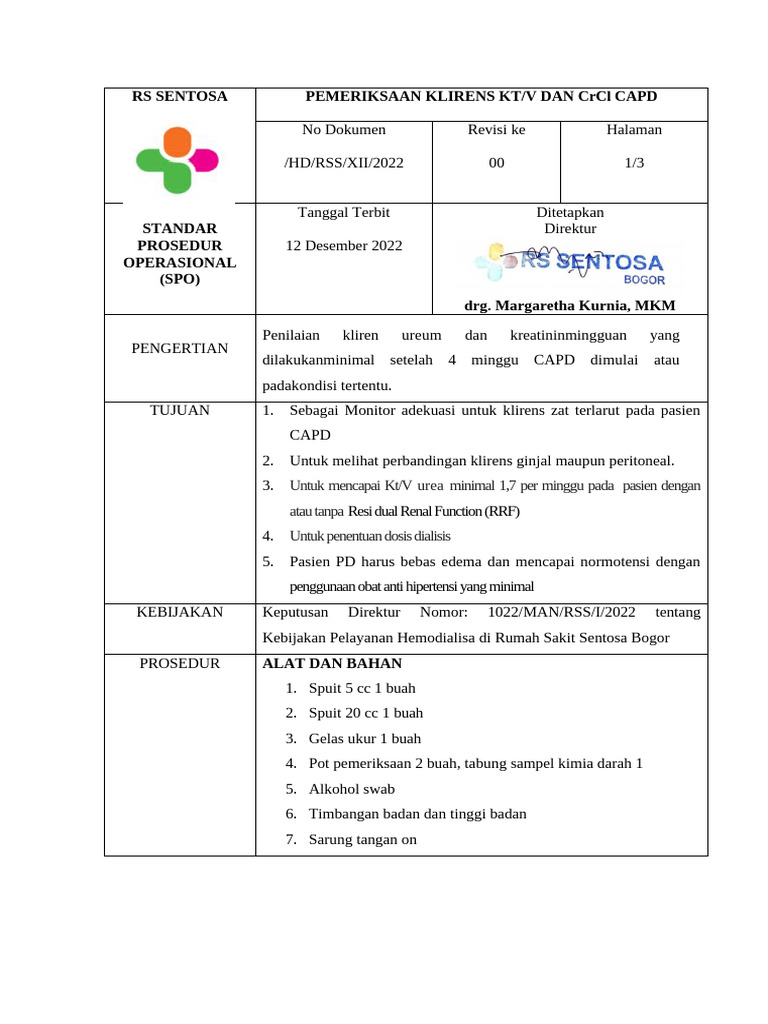Spo Capd Pemeriksaan Klirens KT.V Dan CRCL Capd | PDF