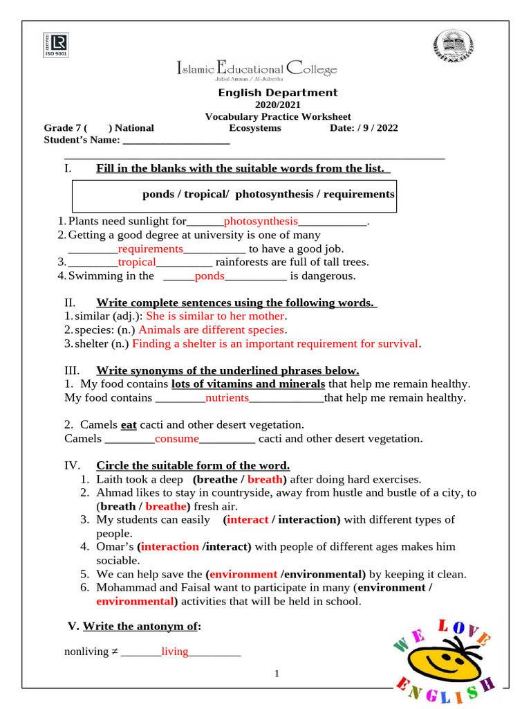 (Vocabulary Practice 1) Ecosystem Answers | PDF