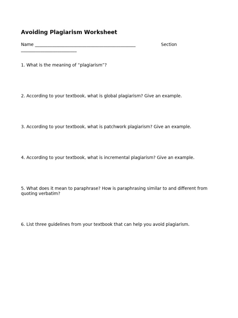 Avoiding Plagiarism Worksheet | PDF